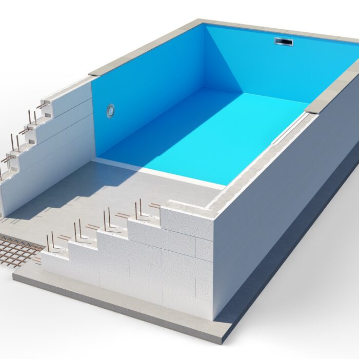 Poolsarg med kantsten runt pool. Rundad poolsarg ger skön sittyta