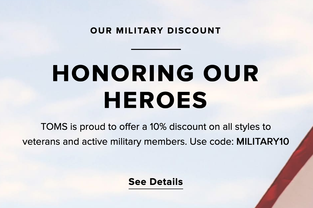 TOMS Military Discount – 10% Off - Military Veterans Discount