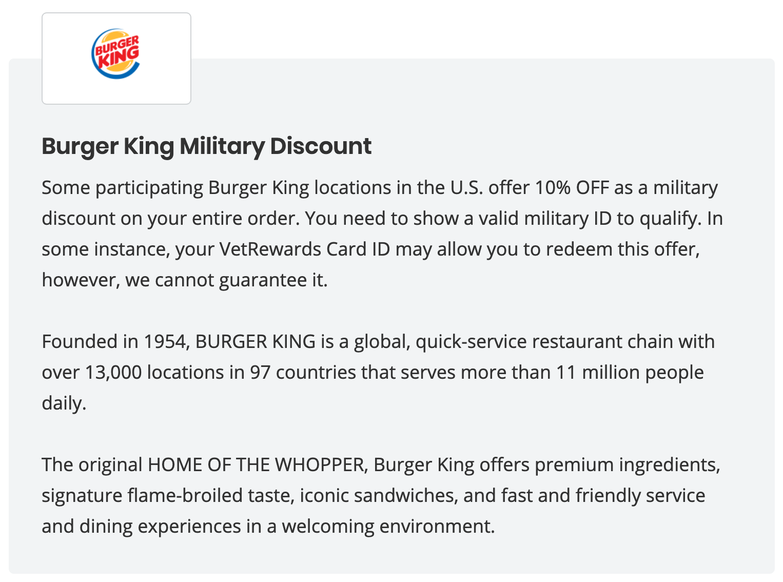 Burger King Military Discount – 10% Off - Military Veterans Discount