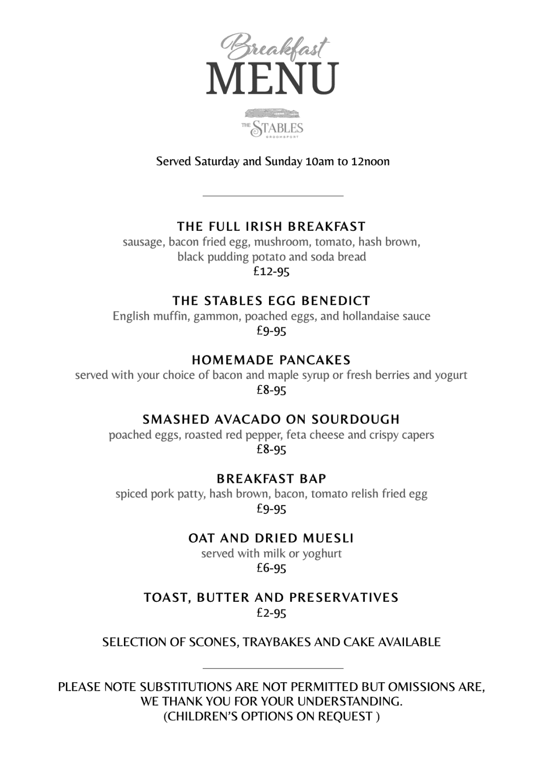 Restaurant Menus | The Stables Groomsport